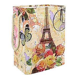 Inhomer Vintage Paris Eiffel Tower Rose Butterfly Large Laundry Hamper Waterproof Collapsible Clothes Hamper Basket for Clothing Toy Organizer, Home Decor for Bedroom Bathroom