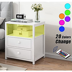 Roozmausy Nightstand with Charging Station LED Lights AC,White nightstand,Bedside Table with Drawer,Bedside Cupboard,Bedside Cabinets,Small Spaces Side End Table (White-2Drawer)