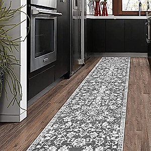 Pauwer Vintage Distressed Runner Rug, Washable Long Area Rug, Medallion Carpet Runner for Laundry Room Kitchen Floor Hallways Bedroom (Grey, 1.7'X10' Ft)