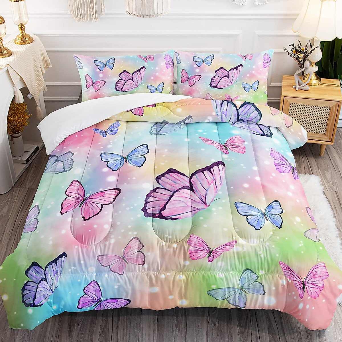 BailiPromise Colorful Butterfly Comforter Set Twin Tie Dye Butterfly Bedding Set for Girls Kids Rainbow Bed Set 1 Comforter and 2 Pillowcases Ultra-Soft Lightweight