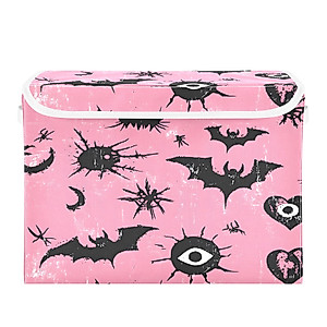 Storage Bins with Lids and Handles,Bat Pink Background Storage Box Storage Basket with Cover Collapsible Organizer Containers for Home Closet, Shelves