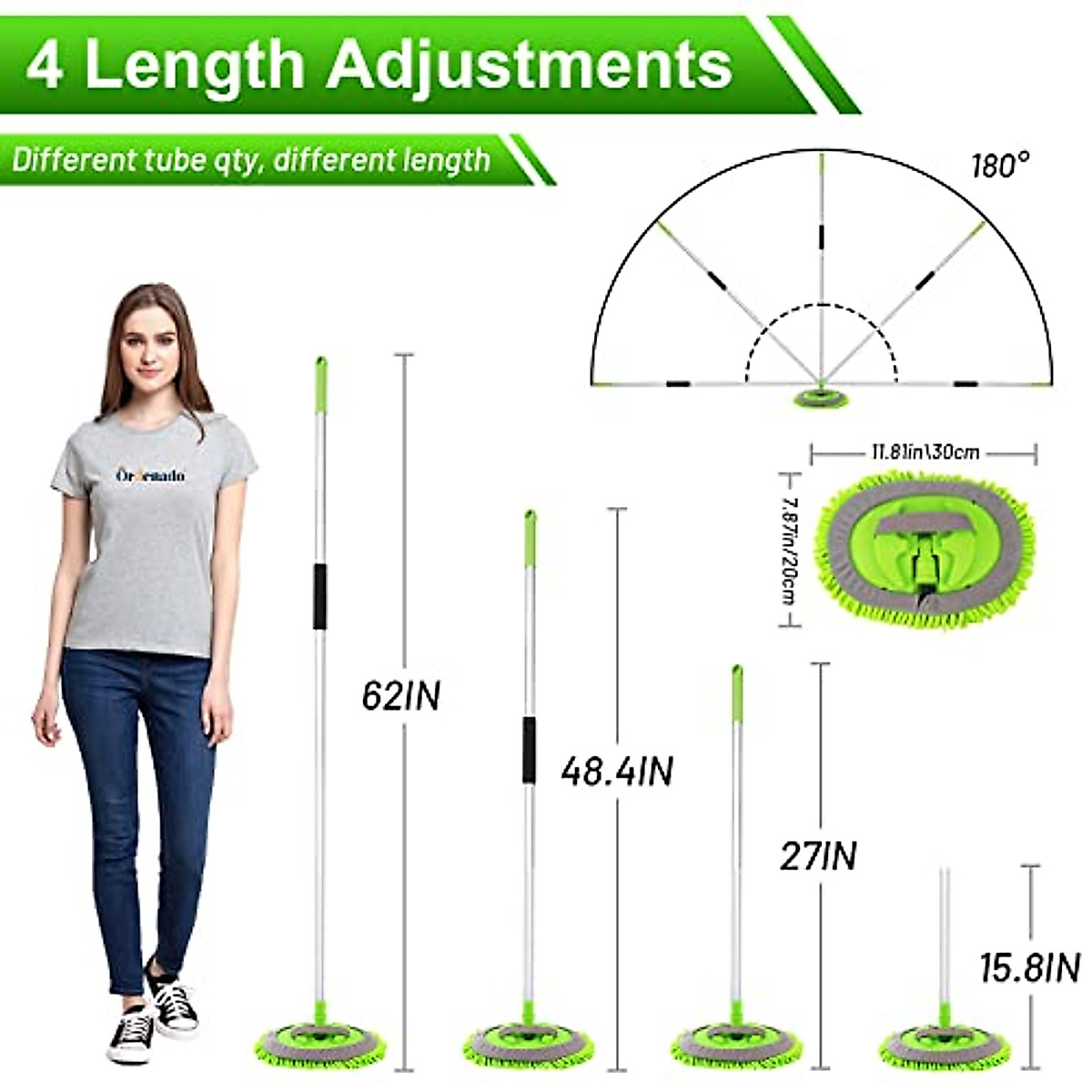 Ordenado 62&quot; Car Wash Brush Kit Mitt Mop Sponge with Long Handle Chenille Microfiber Car Cleaning Brush Kit Supplies Car Washing Mop Kit Car Care Kit of Scratch-Free Replacement Head for Car RV Truck