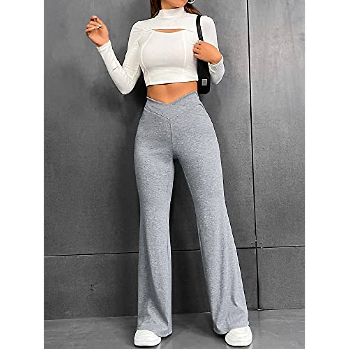 QCIV Womens Yoga Pants Bootcut High Waist Leggings Workout V Crossover Sweatpants Workout Trousers Stretch Grey, X-Small