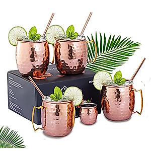 ARTISANS VILLAGE Moscow Mule Mugs | Set of 4 | Stainless Steel Lining | Pure Copper Plating | 100% Handcrafted Hammered Cups | Size 16 oz | With Premium Straws and Shot Glass