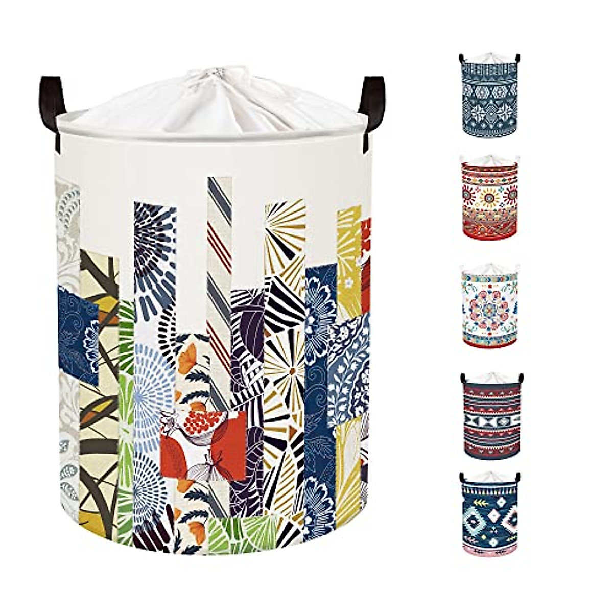 Clastyle 45L Geometric Abstract Art Laundry Baskets with Drawstring Blue Collapsible Laundry Hamper for Clothes Bedroom, 14.2x17.7 in