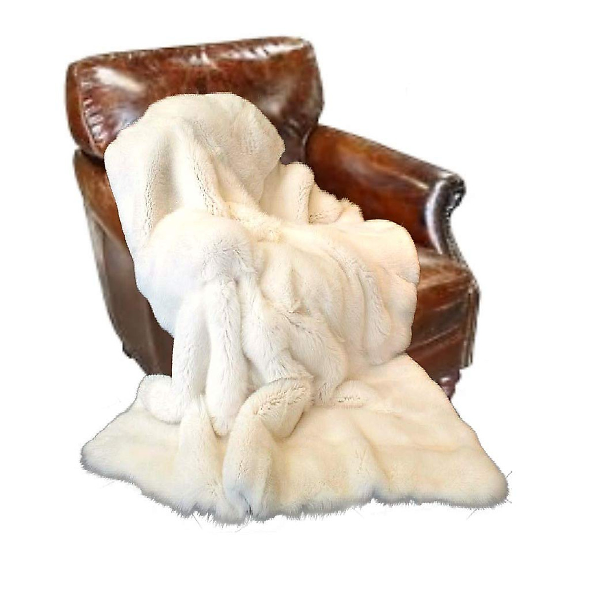 Fur Accents Plush Faux Fur Throw Blanket, Soft Creamy Off White Rabbit - Mink - Tissavel Shag - Luxury Fur - Minky Cuddle Fur Lining USA (5x7)