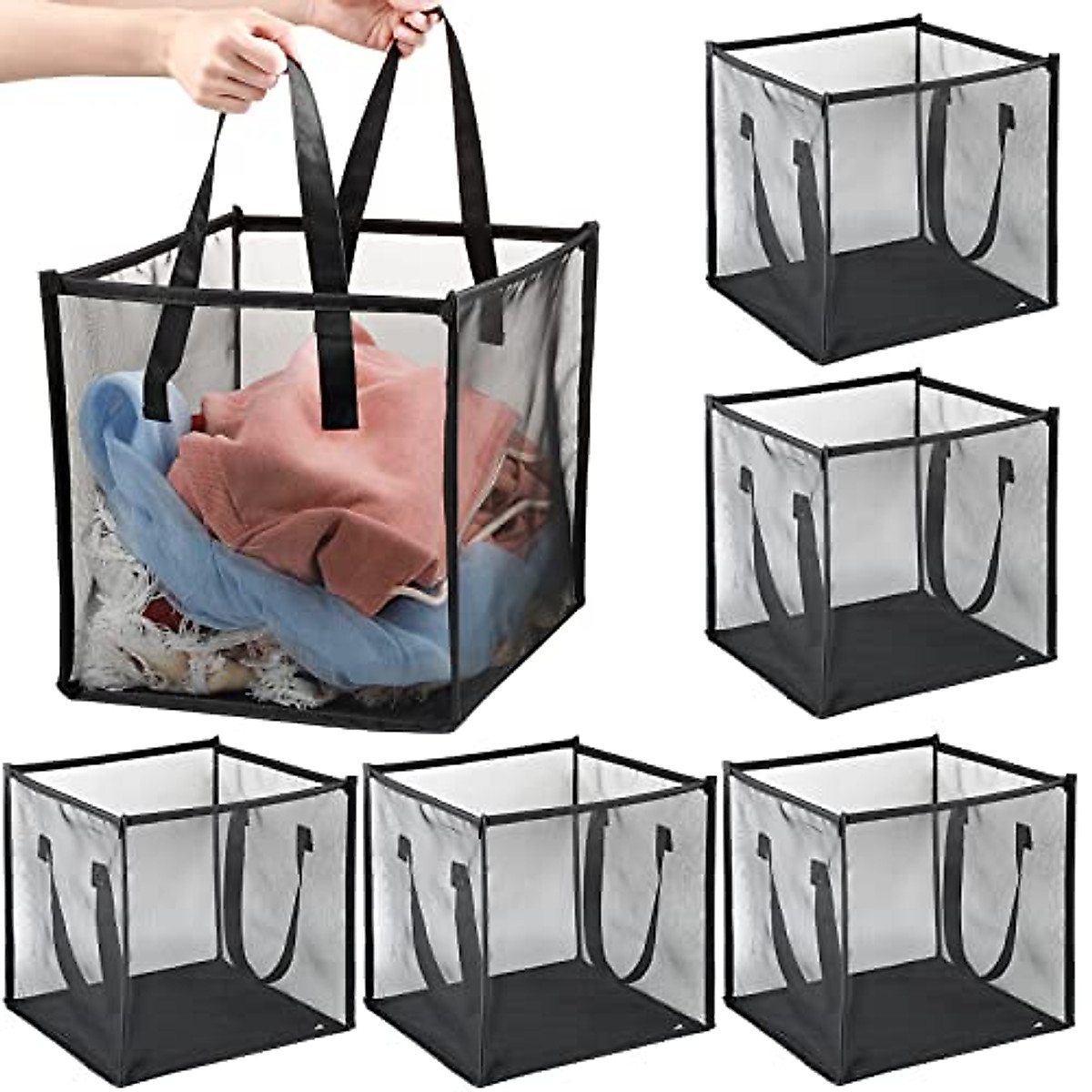 6 Pcs Popup Laundry Hamper 12.6 Inch Small Collapsible Laundry Baskets with Handles, Portable Mesh Laundry Hamper, Foldable Clothes Hamper for Washing Storage, Kids Toy College (Black,Single Layer)