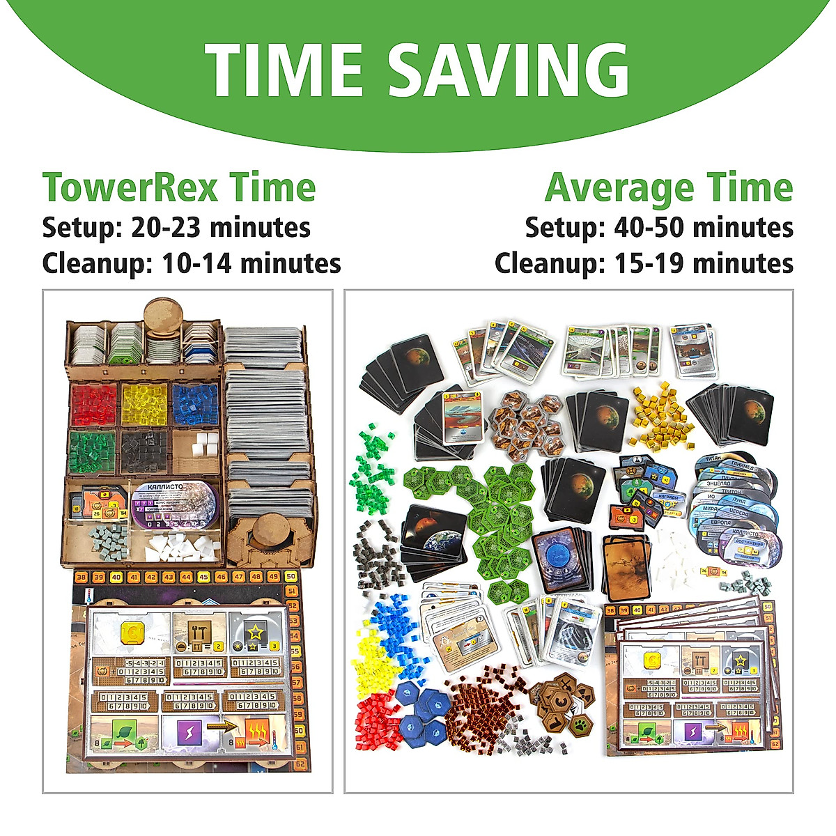 TowerRex Board Game Organizer for Terraforming Mars board game box, Terraforming Mars boardgame expansions, Turmoil, Colonies expansion, Prelude expansion, Hellas and Elysium expansion, Venus Next