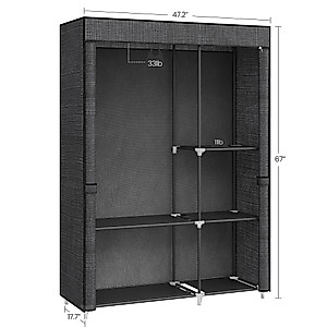 Hzuaneri 47.6-inch Closet Wardrobe, Portable Closet for Bedroom, 2 Clothes Rail with Non-Woven Fabric Cover, Clothes Storage Organizer, 5 Compartments, Black WO0503BC