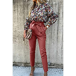 PRETTYGARDEN Women's Casual Long Pants High Waist Belted Paper Bag Work Pant Trousers with Pockets (Brick Red,Small)