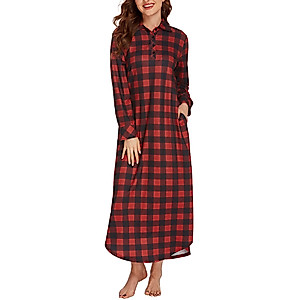 Ekouaer Women's Nightgown Long Sleeve Nightshirt Full Length Loungewear Plaid Sleepwear With Pockets, Red Plaid, Large