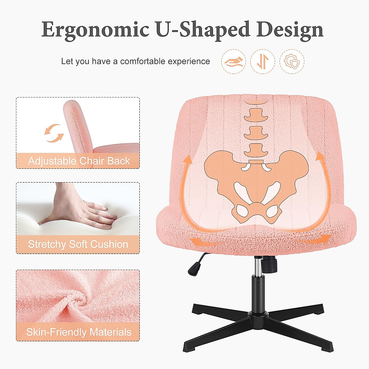 Sweetcrispy Criss Cross Chair Legged, Armless Office Desk Chair No Wheels, Swivel Vanity Chair, Height Adjustable Wide Seat Computer Task Chair, Fabric Vanity Modern Home Chair Pink