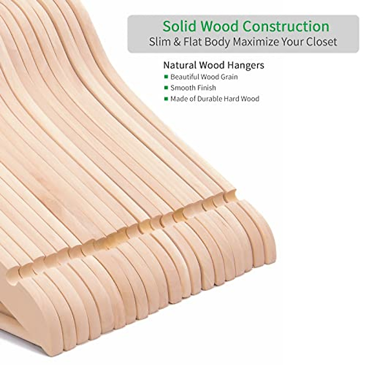 Nature Smile 20 Pack Premium Adult Unfinished Natural Solid Wooden Clothes Hangers Wood Suit Coat Jacket Hanger with Extra Smoothly Cut Notches and Bar - 360°Stronger Rotatable Hook