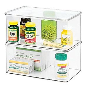 iDesign Med+ Plastic Bathroom Vanity Organizer Bin with Lid for Medication, Accessories, Cosmetics and More, 7.25" x 10.75" x 5", Clear