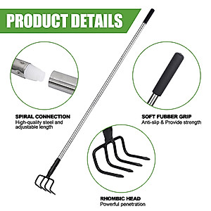 BARAYSTUS Long Hand Cultivator, Carbon Steel & Stainless Steel Tiller Cultivator, Garden Cultivator with Telescopic Handle and Soft Handle Cover, Hand Tiller for Digging Loosening Weeding