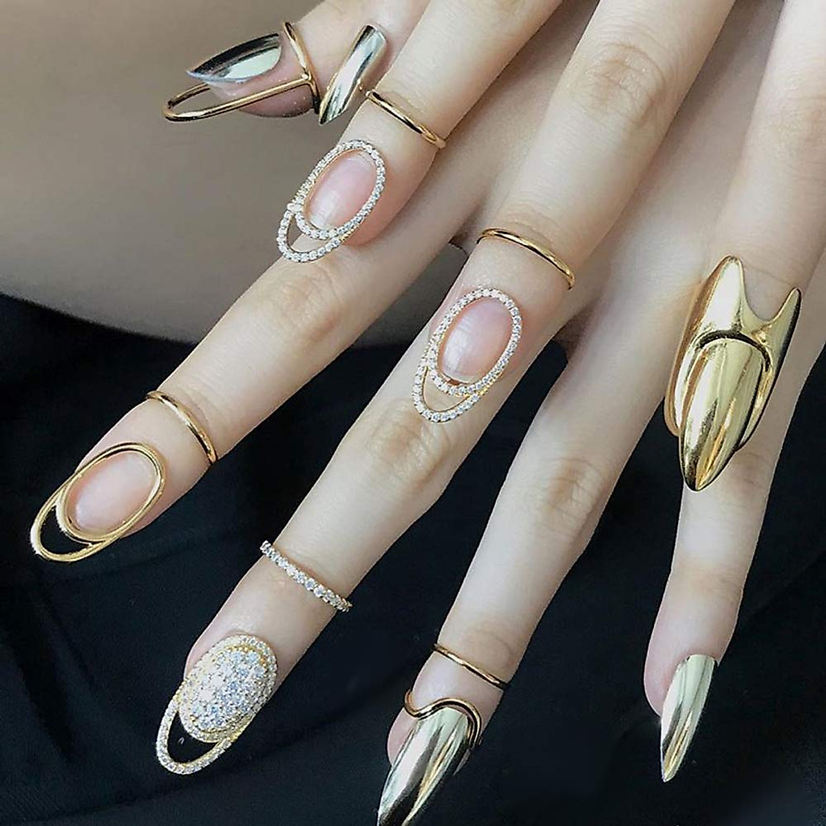 HAHA&TOTO Statement Fingernail Ring for Girls Women Silver Plated Full Zircon Adjustable Finger Tip Ring Fashion Ring Cocktail Party Accessory