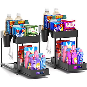 NYYTGE Under Sink Organizer Under Bathroom Cabinet Storage 2 Tier Storage Rack with 4 Hooks, Under Cabinet Organizer Baskets, Multi-Purpose Under Sink Shelf Organizer for Bathroom Kitchen