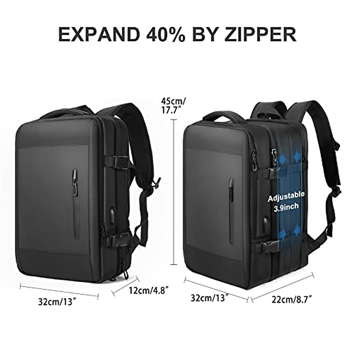 Large Laptop Travel Backpack for Women Carry On Airline Flight Approved Expandable Work Personal Item size Backpack with laptop compartment for College Men Hiking Waterproof Mochila de Viaje Black