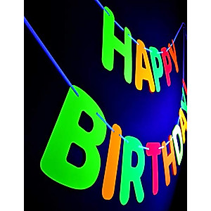 Midnight Glo Neon Happy Birthday Banner Decoration Black Light Reactive UV Glow Birthday Party