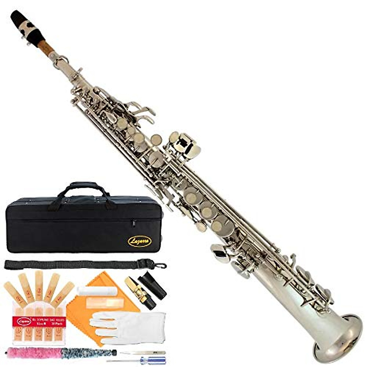 Lazarro Silver Nickel Bb B-Flat Straight Soprano Saxophone Sax Lazarro+11 Reeds,Care Kit~24 COLORS Available-300-NK
