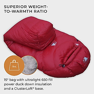 Hyke & Byke Quandary 15 F Hiking & Backpacking Sleeping Bag - 3 Season, 650FP Duck Down Sleeping Bag - Ultralight - Maroon - 72in - Short