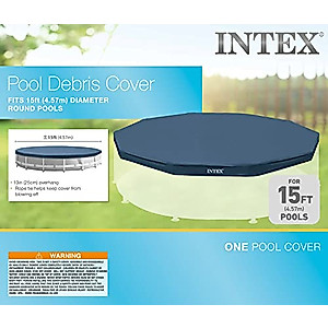 INTEX 28032E Pool Cover: For 15ft Round Metal Frame Pools – Includes Rope Tie – Drain Holes – 10in Overhang – Snug Fit