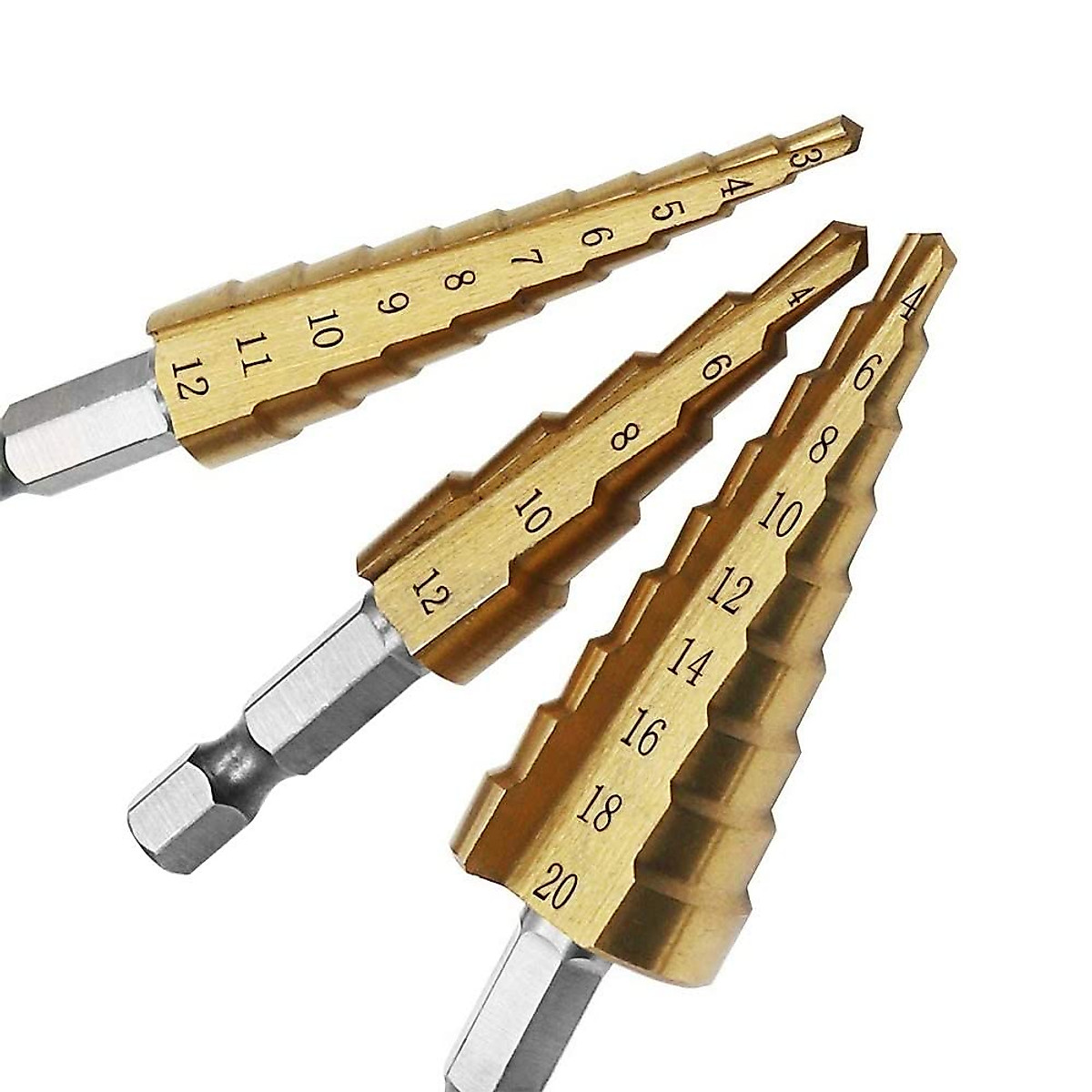 Fongmore 3Pcs 1/4" Hex Shank Drive Quick Change High Speed Steel Titanium Step Drill Bit Short Length Drill Bits for Hole Drilling 3-12mm 4-12mm 4-20mm