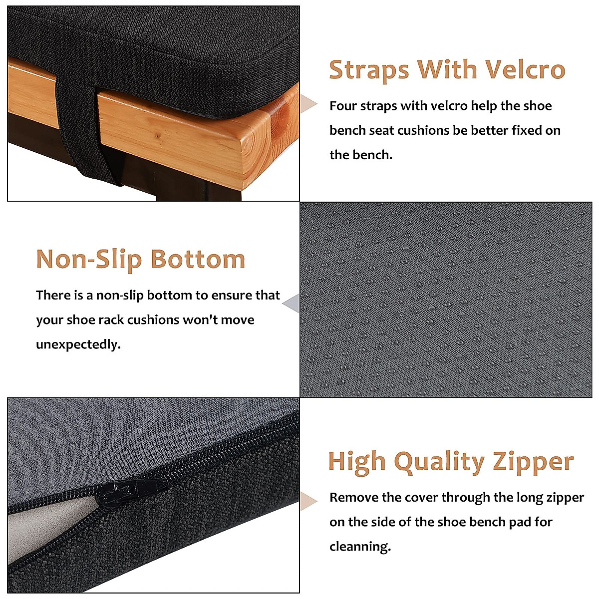 baibu Piano Bench Cushion 32 x12 inch for Indoor Shoe Storage Non Slip Picnic Bench Pad with Ties for Kitchen Dining Table Seat - One Pad Only (Black, 32x12x1.5in)