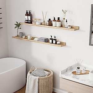 Picture Ledge Shelf Set of 2, 48 Inch Natural Wood Rustic Floating Shelves with Lip for Wall Storage, Nursery Floating Book Shelves for Living Room Bathroom Bedroom Kitchen, Carbonized Black