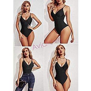 Avidlove Womens Sexy Lingerie Sleeveless Bodysuit V Neck Thong Bodysuits Leotard Tank Tops Black Small