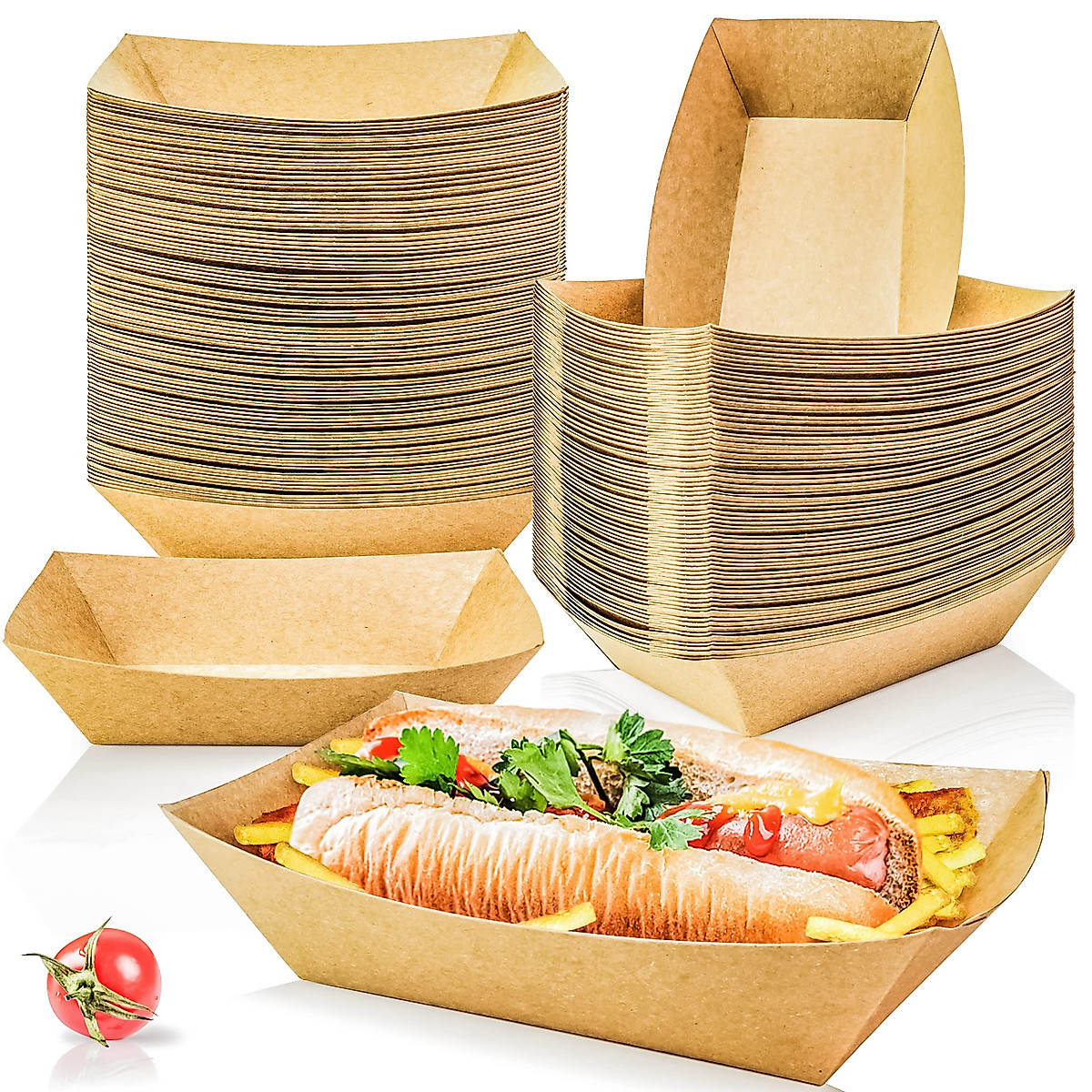 MotBach 100 Pack 3lb Kraft Paper Food Trays, Heavy-Duty Paper Food Boat Disposable Serving Basket Tray for French Fries Nachos Snack Hot Dog Taco BBQ Popcorn Party Picnic Wedding Party (Brown)