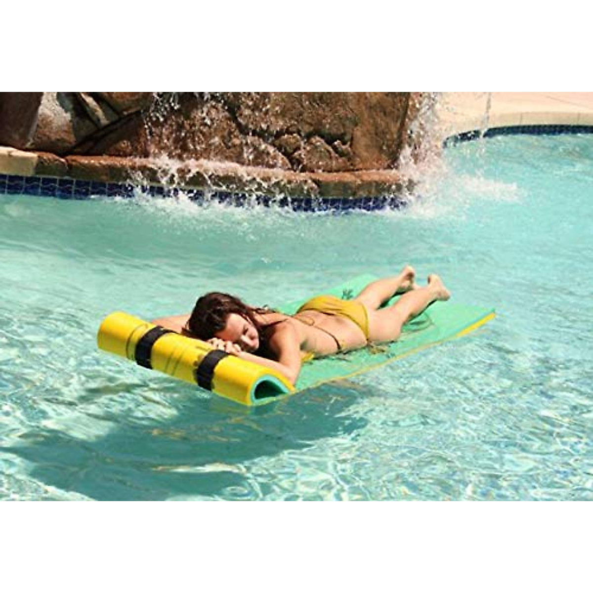 Aqua Lily Pad Tadpole Floating Pool Mat (Single Adult Foam Mattress Lounger) 7'1" x 2' Water Float Includes Pillow Straps & Storage Bag, Green/Yellow, Made in USA