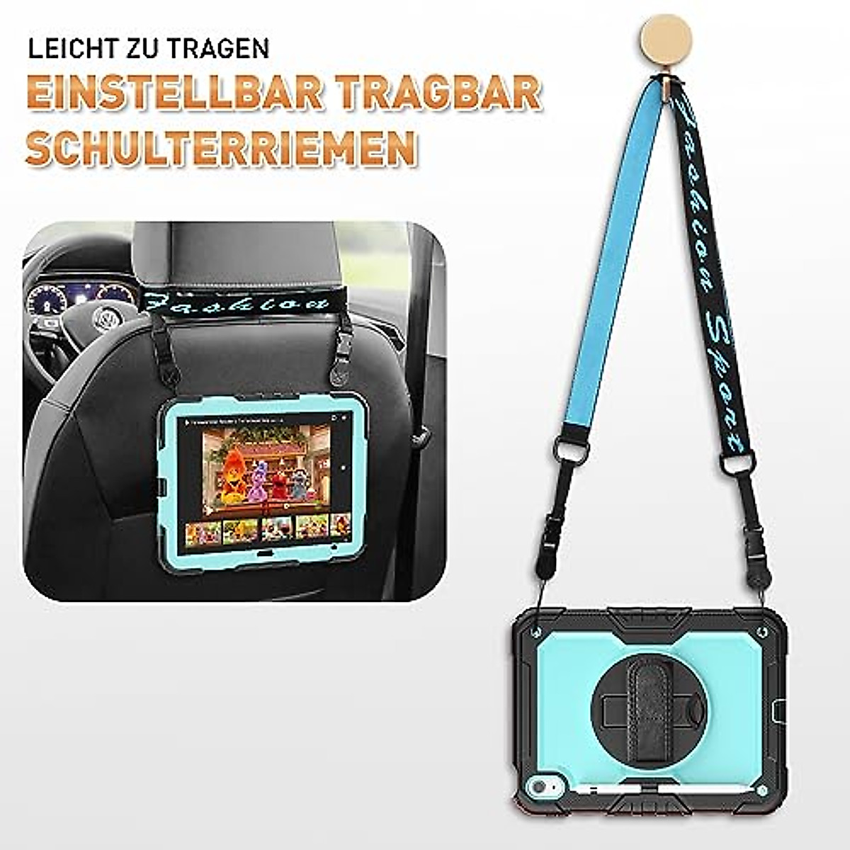 KEYCAUP Case for iPad 10th Generation 10.9 inch, Case for iPad 10 Gen: with Strong Protection, Screen Protector, Hand Strap, Shoulder Strap, 360° Rotating Stand, Pencil Holder - Light Blue