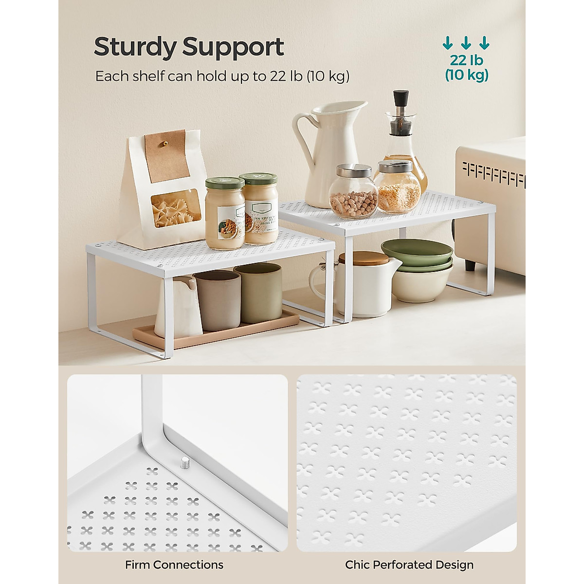 SONGMICS Spice Rack, Cabinet Shelf Organizers, Shelf Organizer, Countertop Organizer, Shelf Riser, Stackable, Expandable, Set of 4 Metal Kitchen Counter Shelves, White UKCS006W01