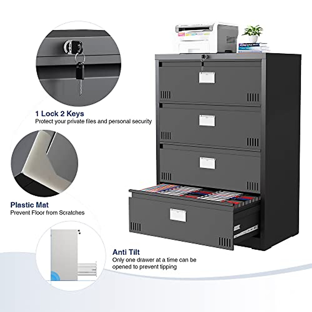kingwolfox 4 Drawer Lateral File Cabinet with Lock, Locking lateral Filing Cabinet for Office Metal Steel File Drawers Cabinet, Lockable Horizontal File Cabinet for for Legal/Letter A4/F4 Size