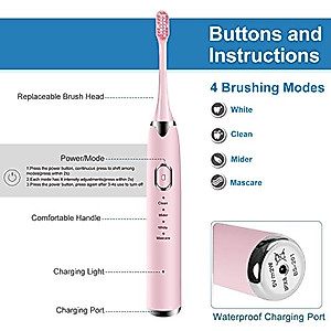 BTBSZ Sonic Electric Toothbrushes, Sonic Electric Toothbrushes Travel-Friendly Design 4 Modes 16 Gears with 4 Brush Heads USB Fast Charge Built-in Smart Timer for Adults and Kids