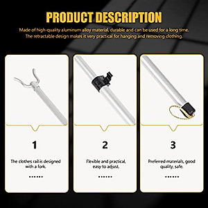 Clothes Line Retractable Pole with Hook and Handle Reach Stick Closet Pole Telescoping Pole for Clothes Shutter Closet Curtain Shelf Ceiling Retractable Clothesline Indoor
