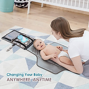 Portable Baby Diaper Changing Pad, hogardeck Waterproof Travel Changing Table Pad for Newborn, Extended Cushioned Changing Mat with Head Pillow and Baby Stuff Pockets, Baby Shower Gifts