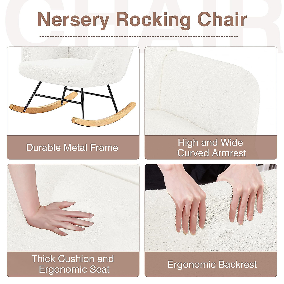 VECELO Rocking Chair, Modern Upholstered Teddy Fabric Nursery Glider with Padded Seat, High Backrest, Armchair and Pocket for Living Room Bedroom Balcony Offices