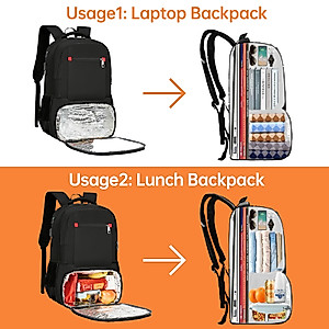 DAILY&DIARY Lunch Backpack, Insulated Cooler Backpack with Lunch Compartment for Men Women Water Resistant Lunch Bag 15.6 Inch Laptop Backpack Durable for Work, School, Camping, Picnics, Black