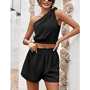 Yimoon Women's Summer 2 Piece Outfits Shorts Sets One Shoulder Sleeveless Crop Top Tank and High Waist Shorts Lounge Set(Black-XL)