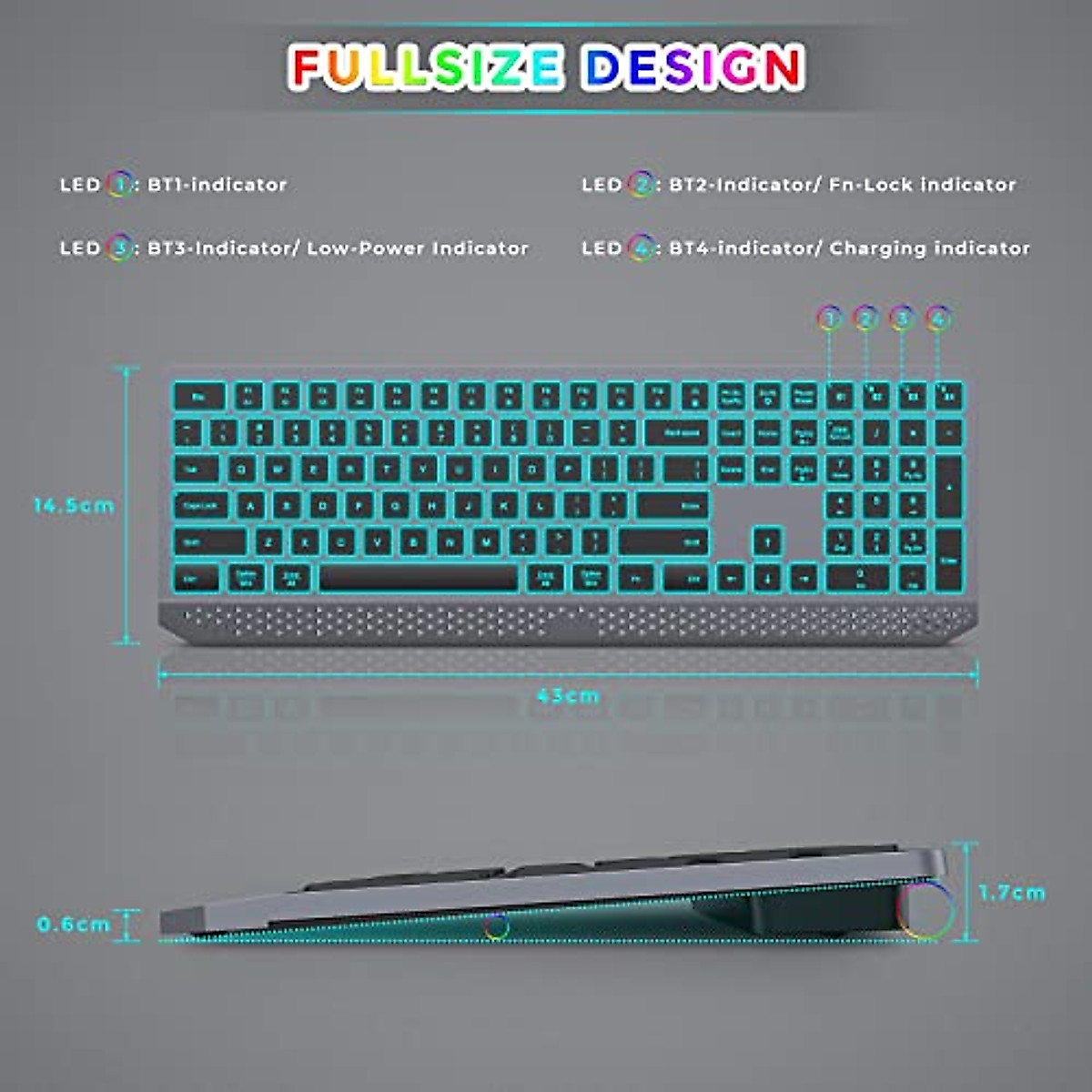 Backlit Bluetooth Keyboard Multiple Devices, Full Size Multi-Device Slim Rechargeable Bluetooth 5.1 Keyboard for Windows Mac OS Android, Backlit Wireless Keyboard for Laptop, Tablet, iPad, iPhone