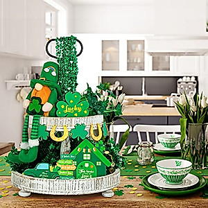 11 PCS St Patricks Day Decorations, St Patrick's Day Tiered Tray Ornaments, Shamrock Wood Table Signs Set, Irish Lucky Gnomes Doll Truck Clover Decor Centerpieces for Tabletop Fireplace Shelf Home