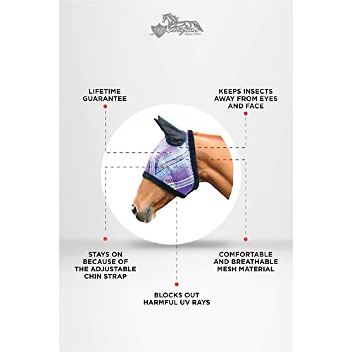 Kensington Horse Fly Mask with Protective Mesh and Plush Fleece Ears- Protection from Bites and Perfect for Wound Recovery, Pony, Lavender Mint