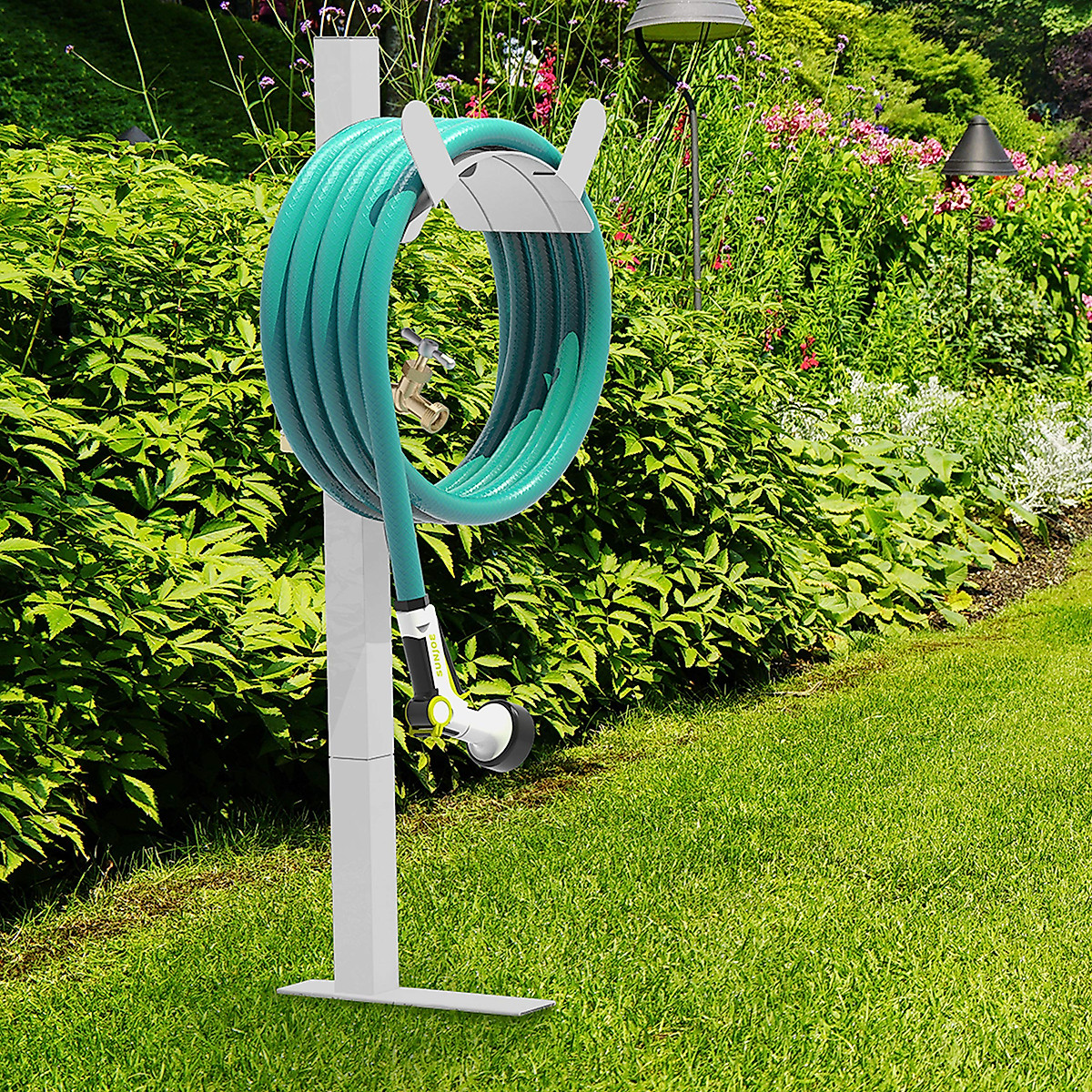 Aqua Joe SJ-SHSBB3LIH Garden Hose Stand with Brass Faucet and 3 ft Lead in Hose, Gray