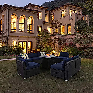 PHI VILLA 9 Pieces Patio Furniture Set with Fire Pit Rattan Sectional Sofa Set Outdoor Wicker Patio Conversation Sets with Coffee Table, CSA Approved Gas Fire Pit Table(28 Inch, Navy Blue)