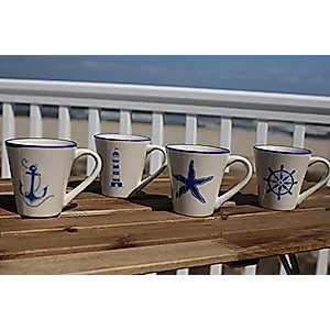 Euro Ceramica Ahoy Collection Nautical Ceramic Coffee/Tea Mugs, 13.5oz, Set of 4, Assorted Designs, Blue & White