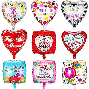 18 Pcs Mother's Day Party Balloons Set Aluminum Foil Happy Mother's Day Balloon Spanish Te Amo Mamá Red Heart Balloons for Mother's Day Party Birthday Decorations Supplies, 9 Styles