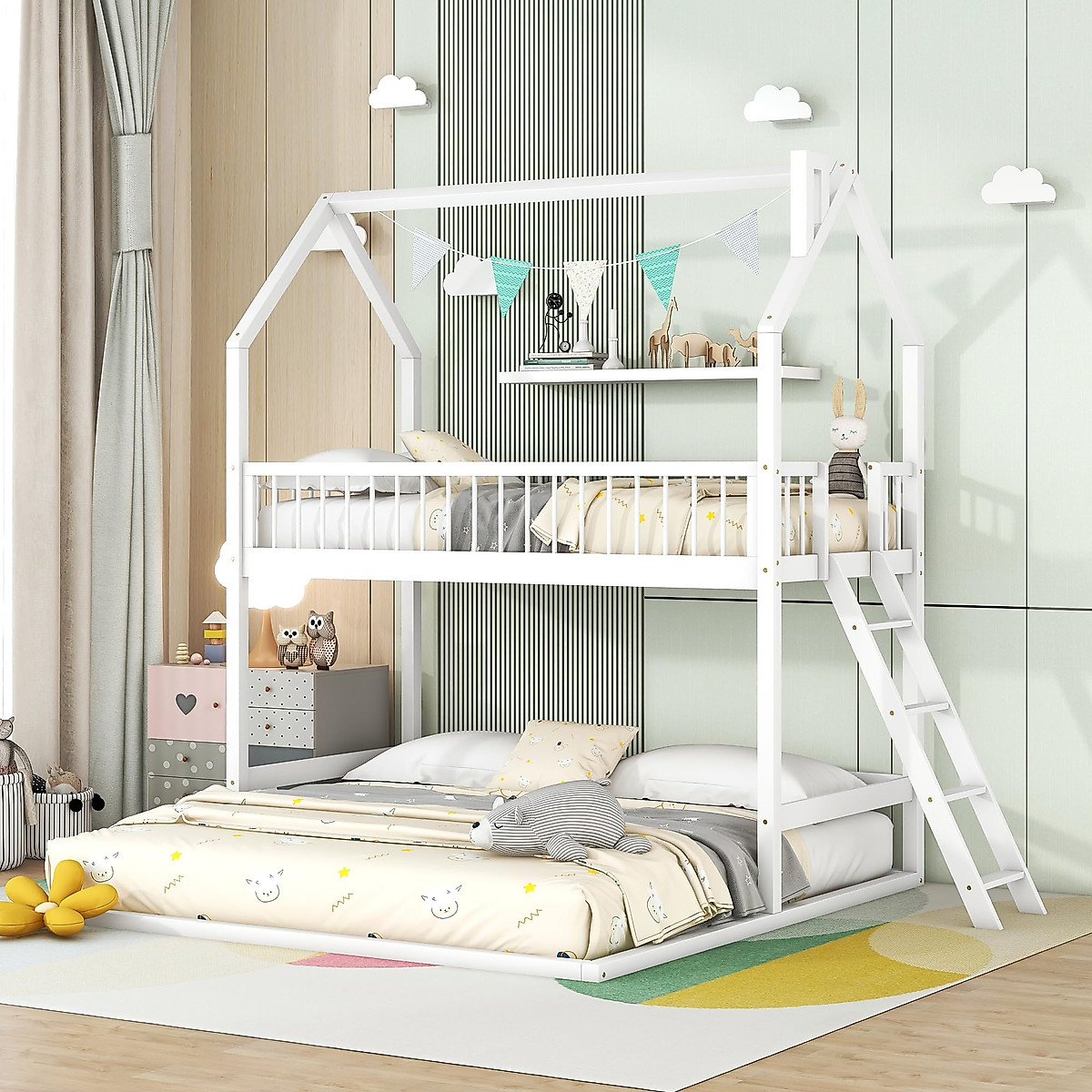 HABUHOME Twin Over Twin House Bunk Bed with Extending Trundle and Ladder, Wooden Bunk Bed Frame for Kids Teens Girls Boys - White