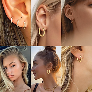 PICKBEAU 5 Pairs Gold Hoop Earrings Set for Women - 14K Gold Plated Hypoallergenic Small Gold Earrings Set Cartilage Helix Huggie Hoop Pack for Women Men 12mm/14mm/16mm/18mm/20mm